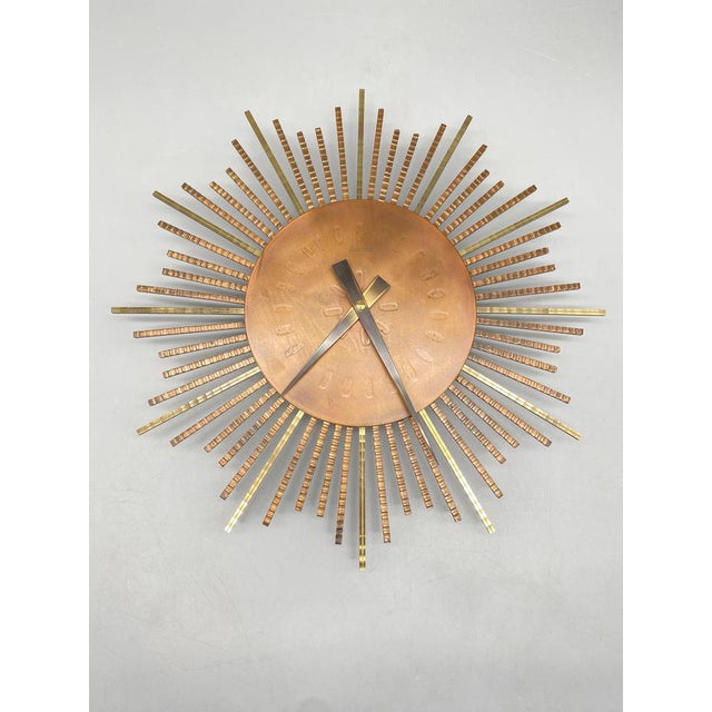 Mid-Century Sunburst Wall Clock in Brass and Copper by Zentra, 1950s ...