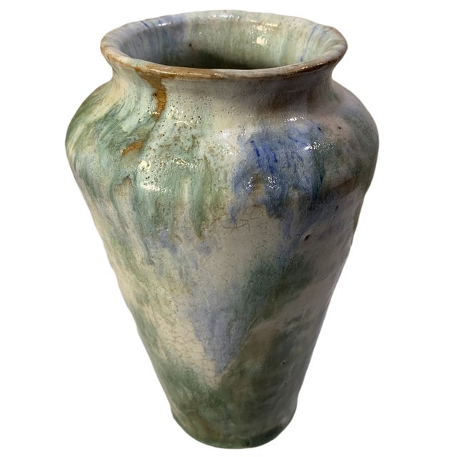 Vintage Studio Ceramic Vase With Celedon, Blue and White Lava Glaze ...