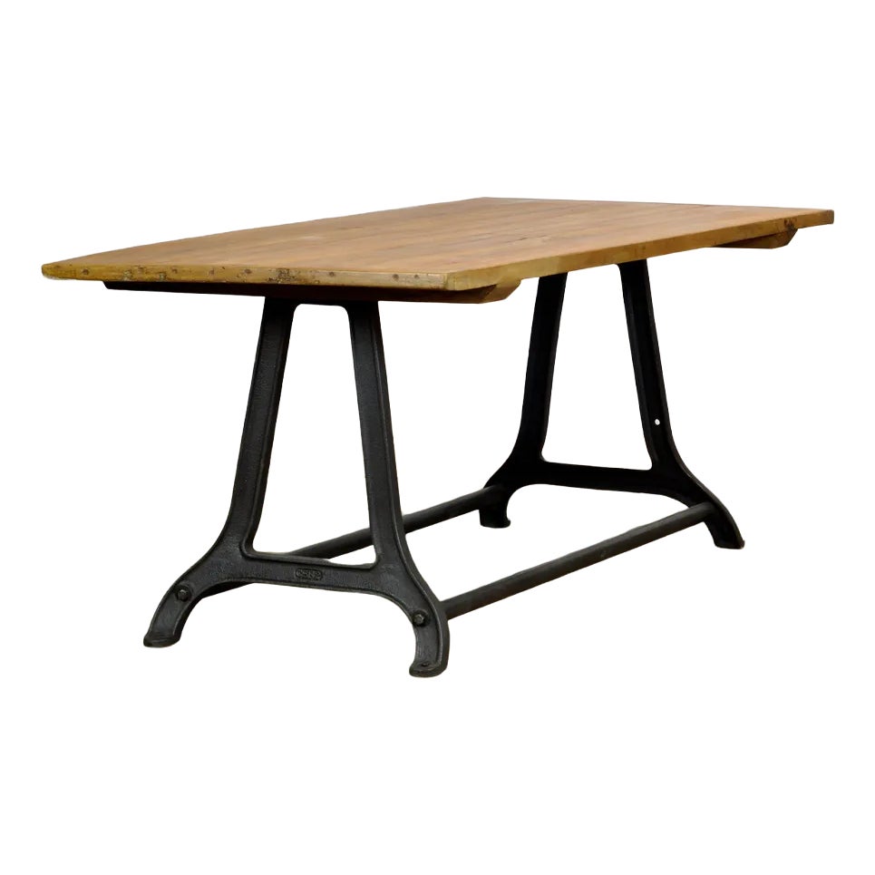 Industrial Cast Iron Table with Pine Top | Chairish