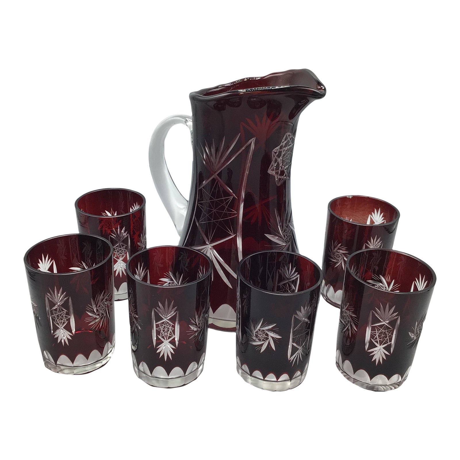 Vintage Bohemian Cut Crystal Ruby Red Water Pitcher With 6 Matching ...