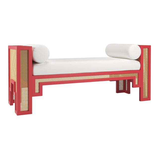 Alexandra Bench - Bull's Eye Red, Optic White Linen | Chairish
