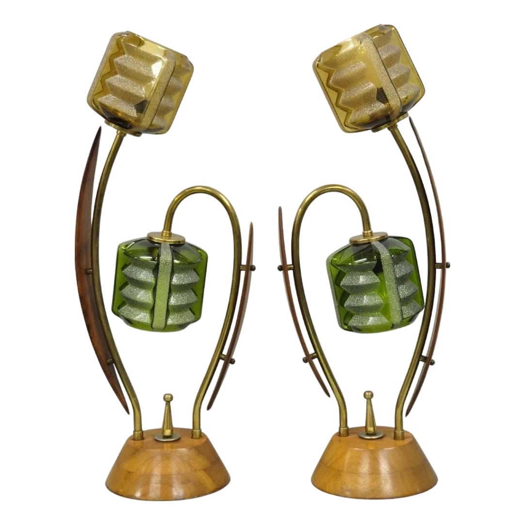 Vintage Mid Century Modern Walnut Tulip Flower Glass Shade Table Lamps ...