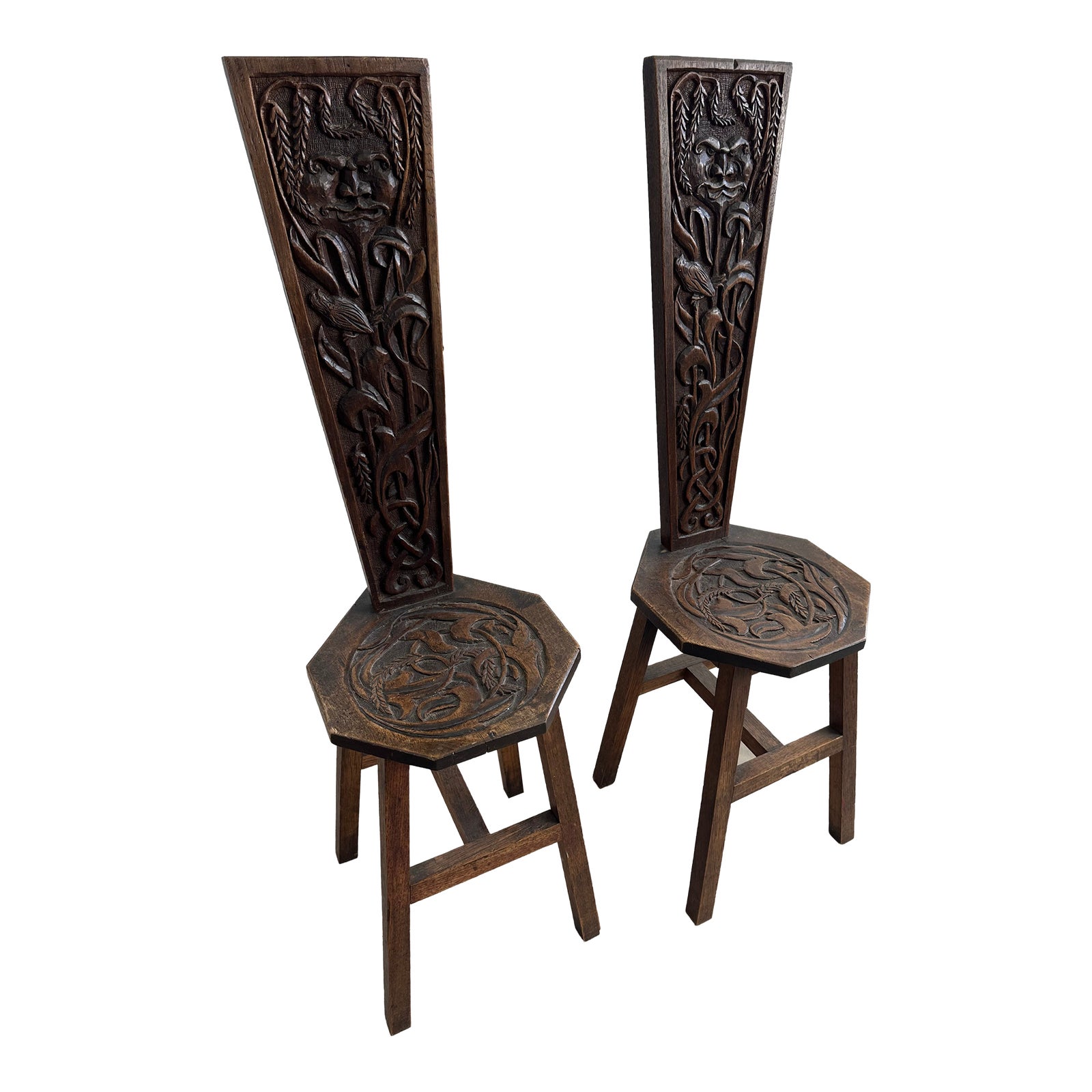 Vintage Hand Carved 18th Century Folk Face Chairs- a Pair | Chairish