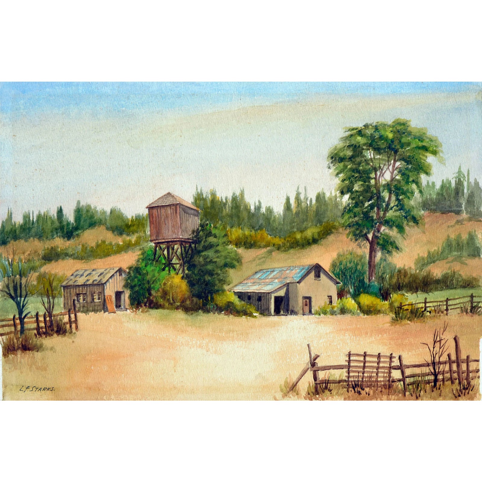 1969 "Ward Ranch" Landscape Watercolor Painting by Leonard Frank Starks ...