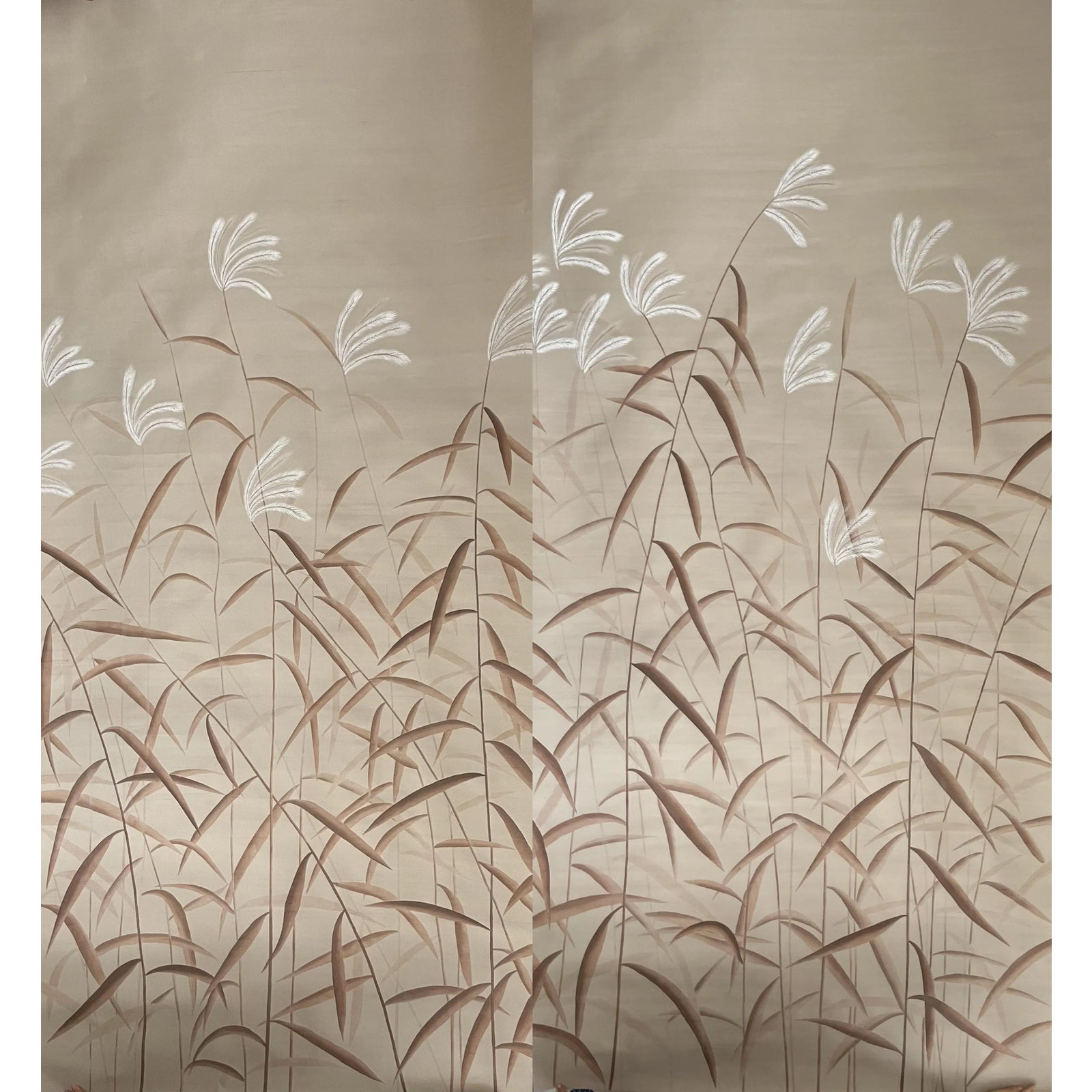 Reeds Hand Painted Wallpapers on Slub Silk Panel - 2 Panels | Chairish