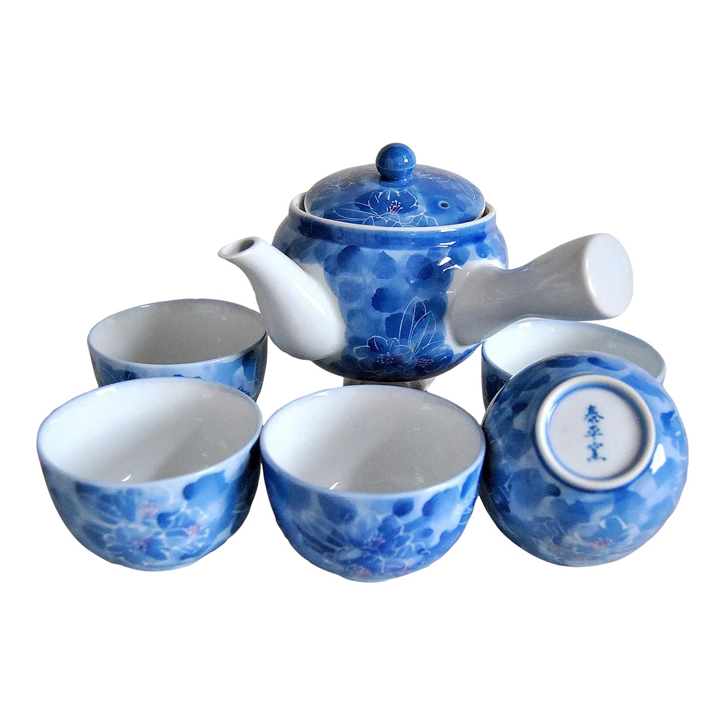 Koransha Fukagawa Blue Porcelain Tea Set Sakura Chawans and Tea Pot - 6 ...
