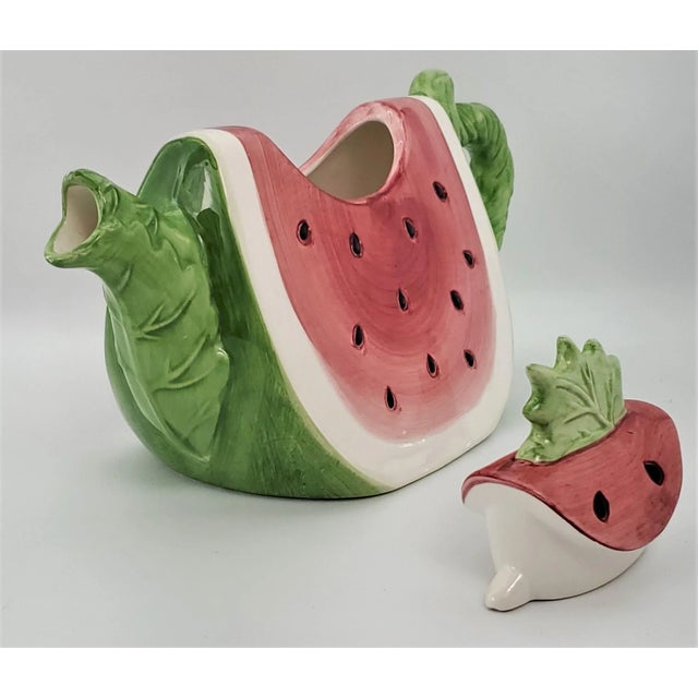 Vintage Porcelain Ceramic Watermelon Tea Pot With Green Leaf Handles ...
