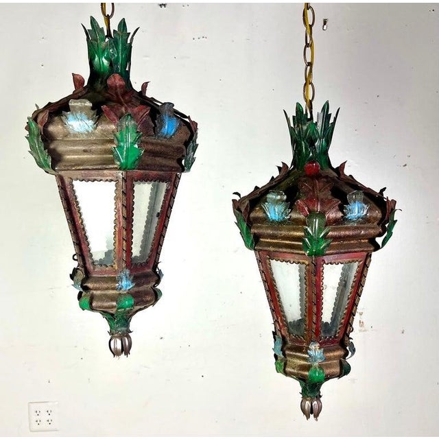 Pair of Spanish Revival Painted Lanterns C. 1940's | Chairish