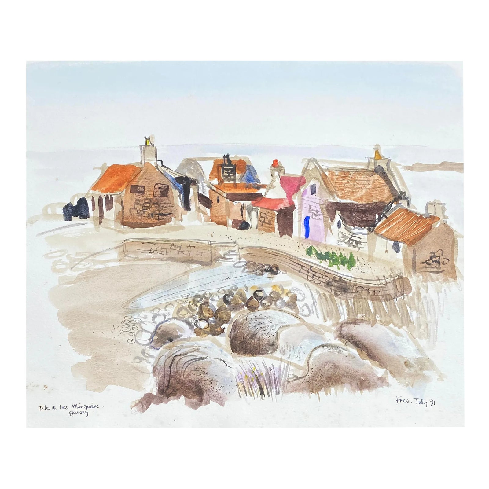 1991 Fred Atkinson Minqiers Coastal Village Watercolor | Chairish