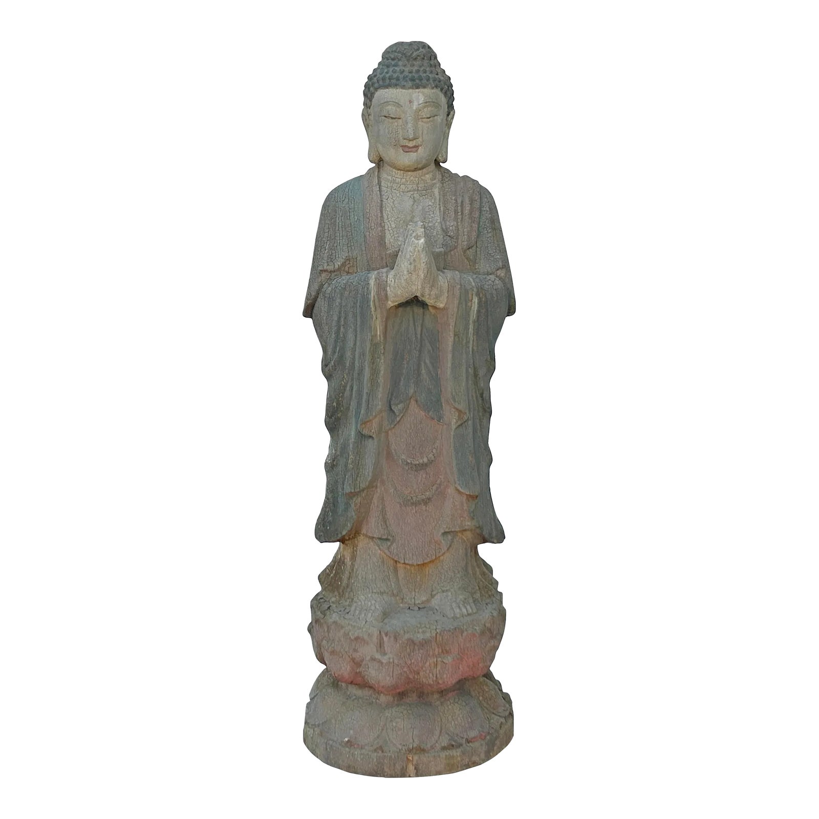 Vintage Rustic Wood Anjali Mudra Standing Buddha Amitabha Shakyamuni ...