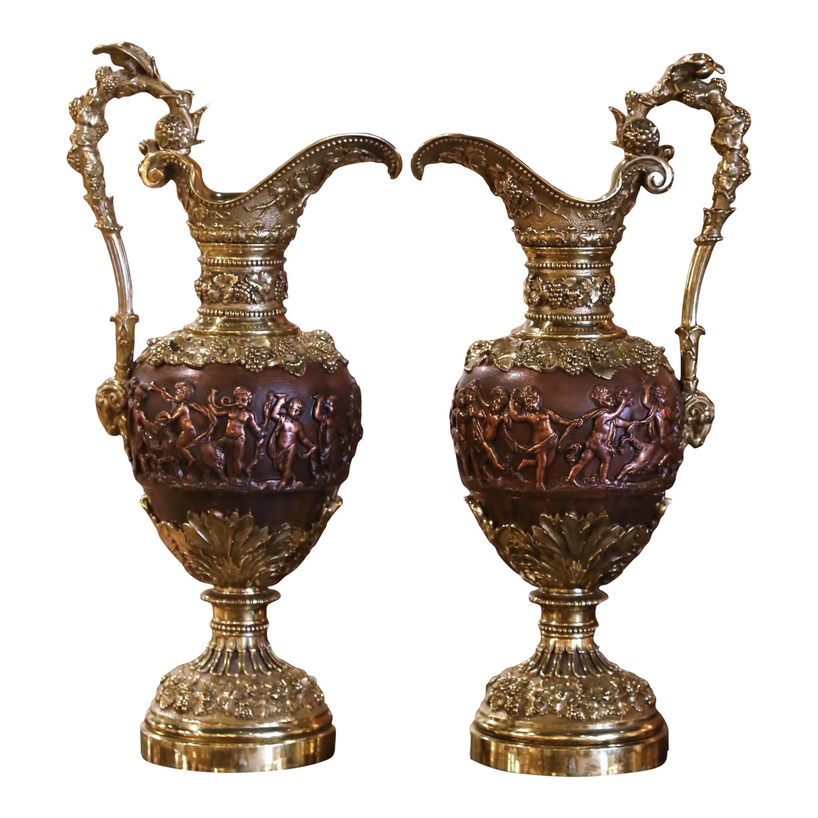 Pair of 19th Century French Renaissance Patinated Bronze Ewers Clodion ...