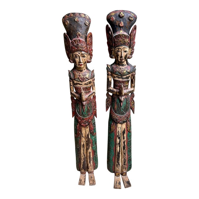 Pair of Antique Balinese Buddhist Deity Praying Hand Carved Polychrome ...