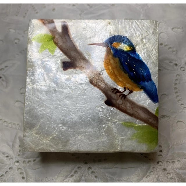 Vintage Capiz Shell Hand Painted Square Trinket Box With Kingfisher ...