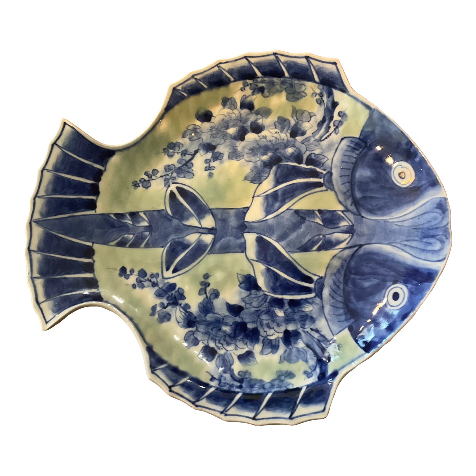 1900s Meiji Period Blue and Celadon Fish Flounder Plate Signed Fukugawa ...