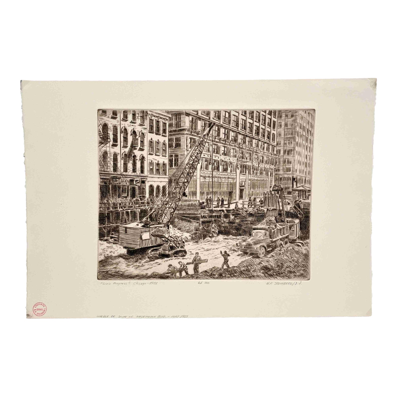 A 1951 Etching of Downtown Chicago Construction, by Artist Nathaniel P ...