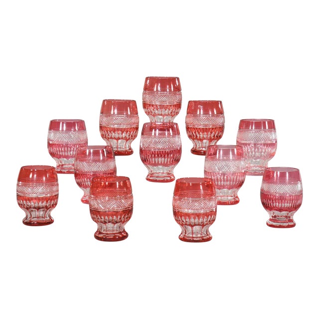 Set of 12 Bohemian, Handblown Crystal Cranberry Overlay CutTo Clear ...