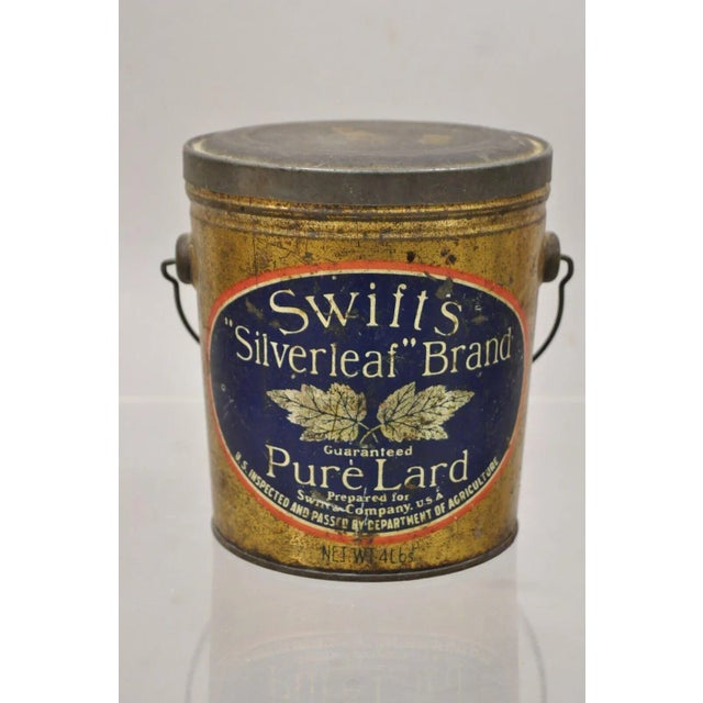 Vintage Swifts Silverleaf Brand Pure Lard 4 Lbs. Tin Can Pail Advertisement | Chairish