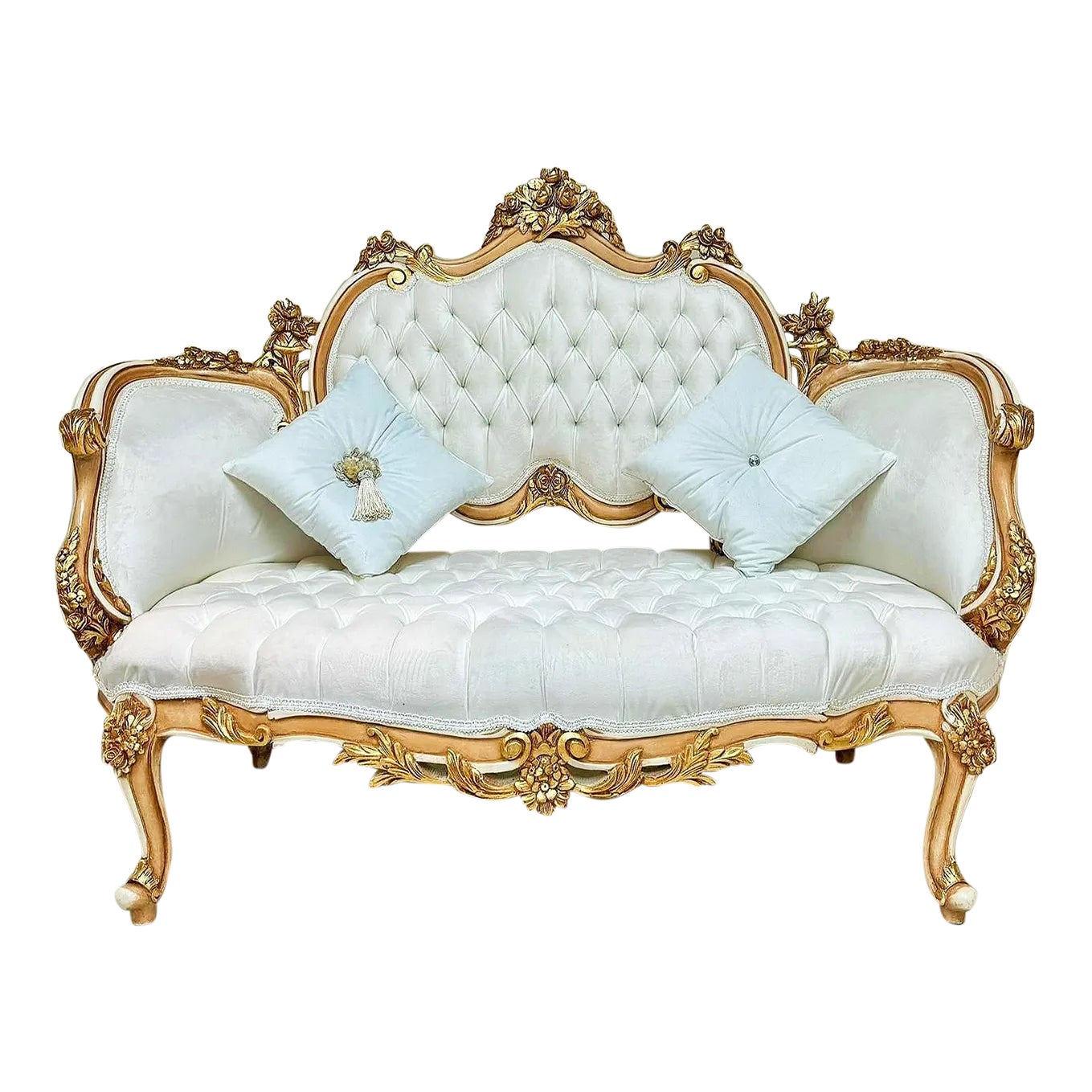 French Rococo Style White Settee Sofa With 2 Pillows | Chairish