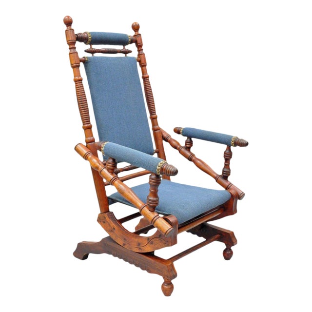Antique Eastlake Victorian Turned Walnut Blue Platform Rocking Chair ...
