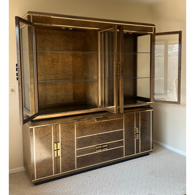 Vintage Brass and Burlwood Lighted China Cabinet by Romweber | Chairish