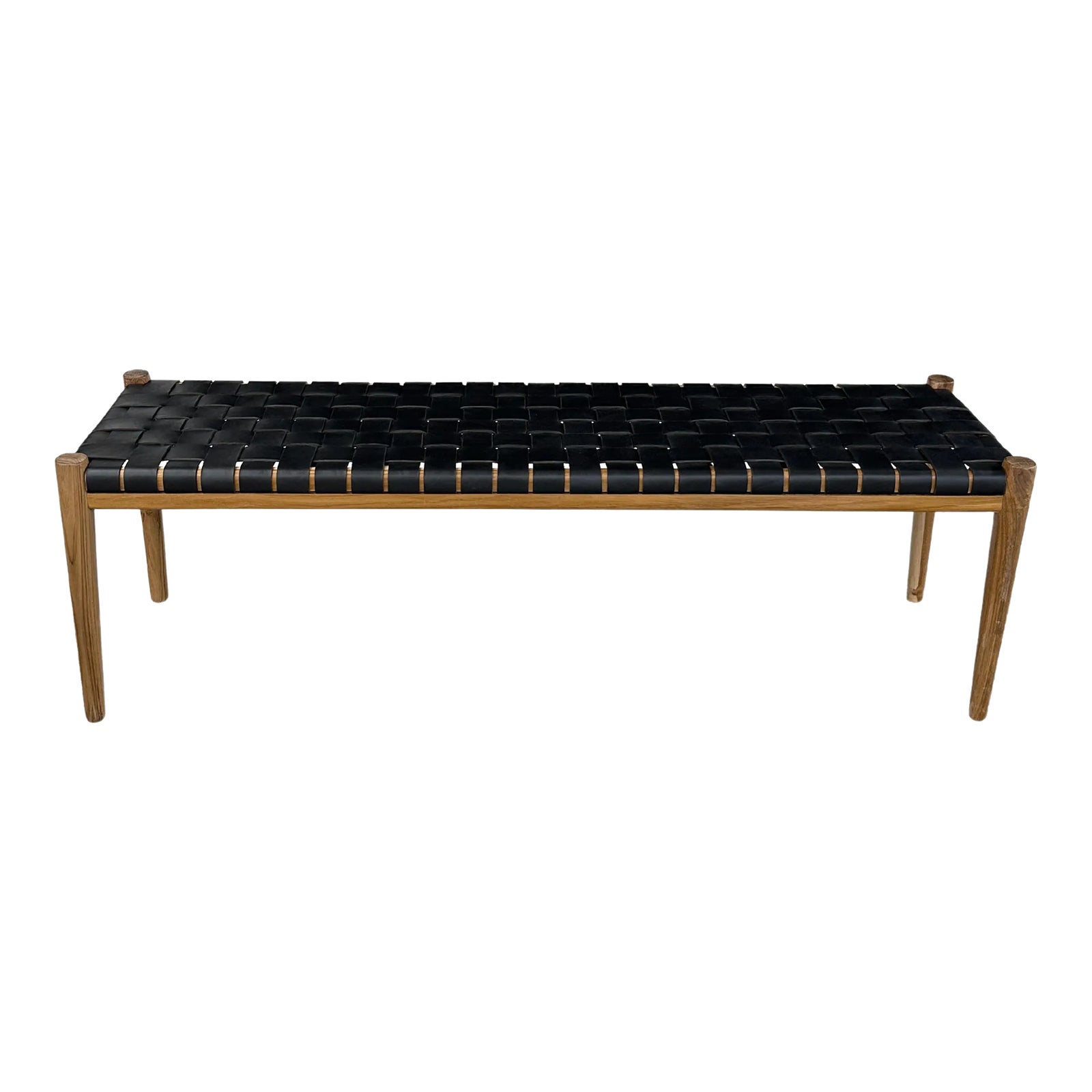 Teak Wood Framed Bench, With Woven Leather Seat | Chairish