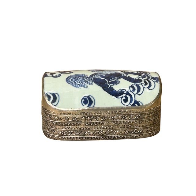 Chinese Old White Base Blue Foo Dog Graphic Porcelain Art Pewter Box ...