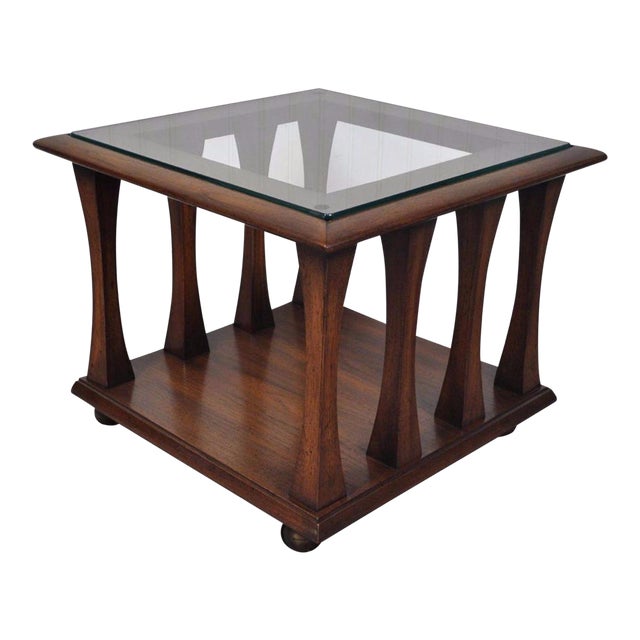 Vintage Mid Century Modern Sculpted Square Walnut Glass Side End Table ...
