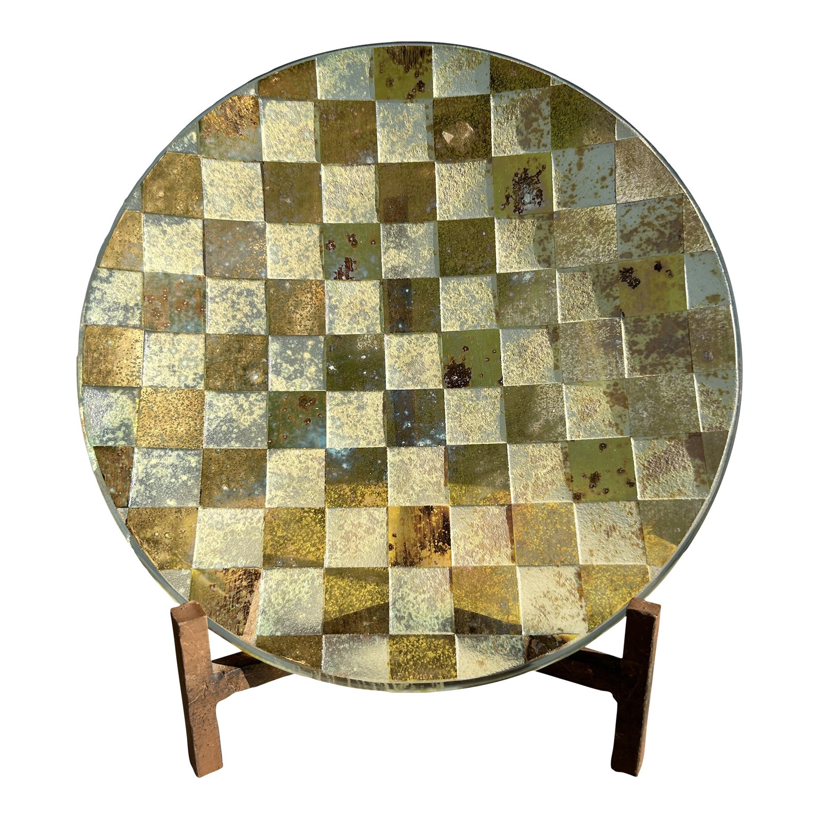 1990s Jorge Ortiz Bencomo Checkered Art Glass Plate With Metal Stand ...