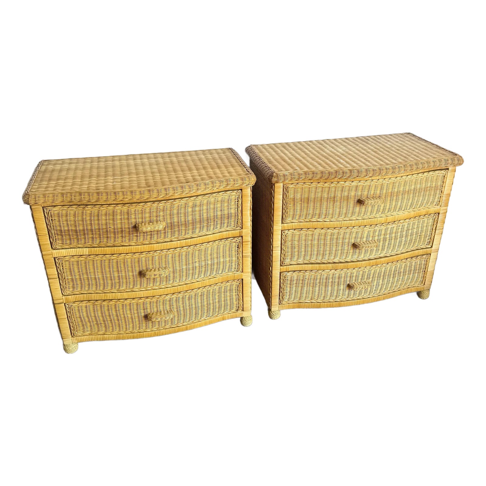 Boho Chic Woven Wicker Commodes/Chests of Drawers - A Pair | Chairish