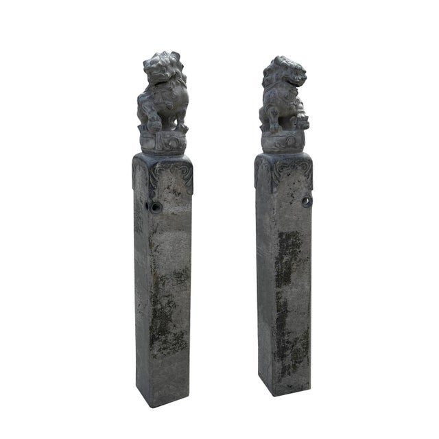 Chinese Pair Gray Stone Fengshui Foo Dogs Lion Slim Pole Statues | Chairish