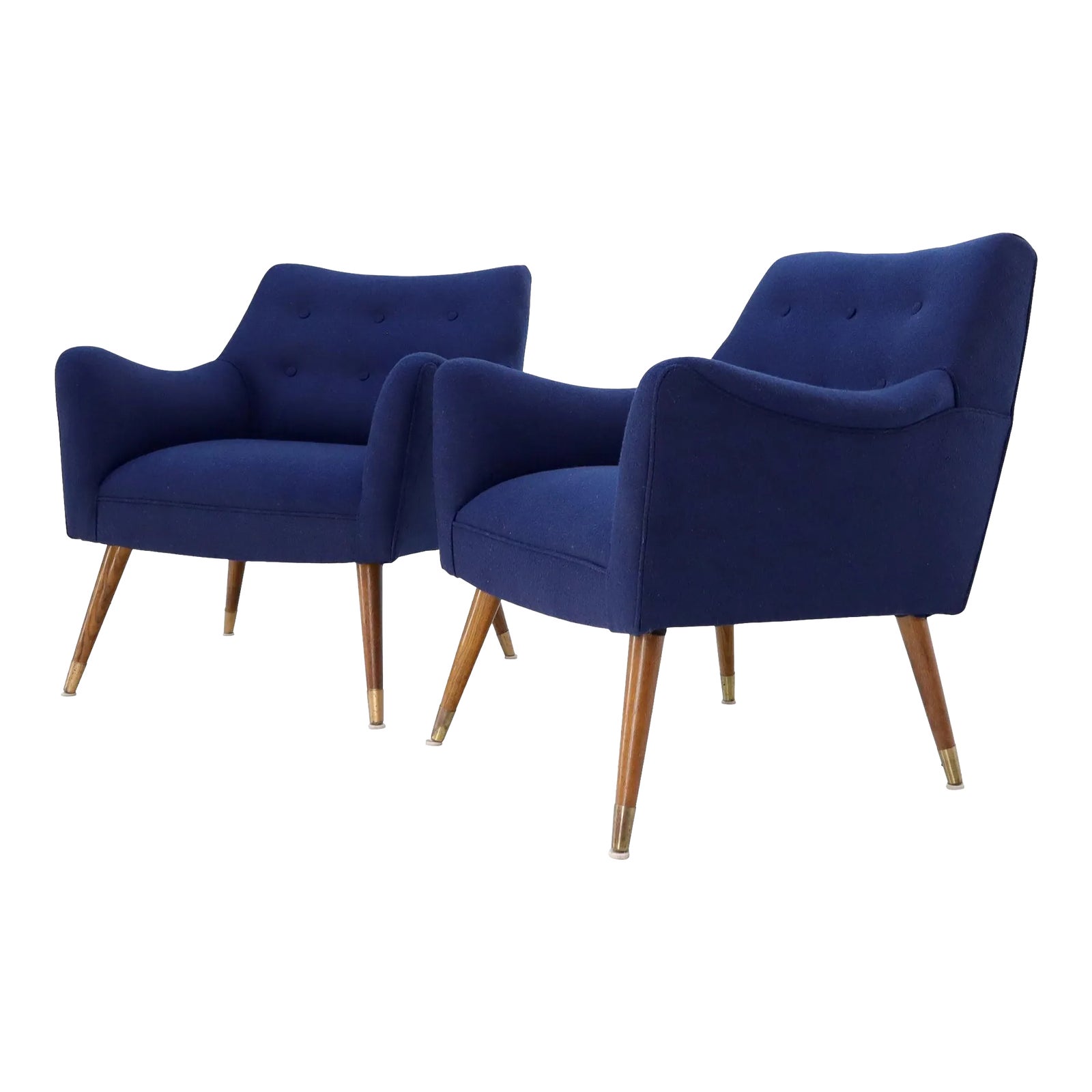 Pair of Navy Blue Mid-Century Modern Lounge Arm Chairs on Tapered Dowel ...
