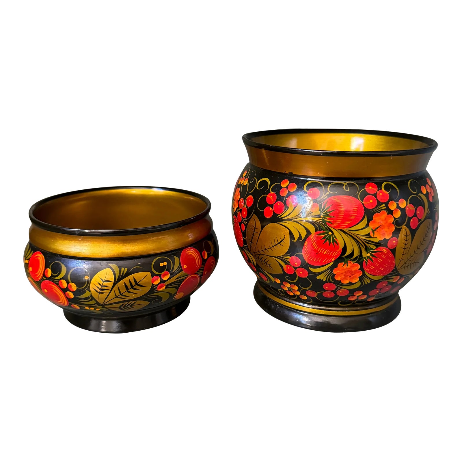 Vintage Wood Laquerware Floral Vessels - Set of 2 | Chairish