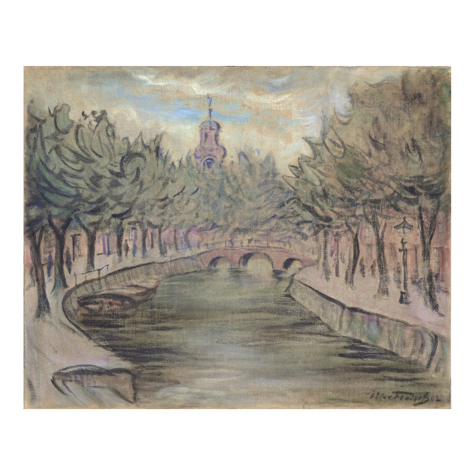 1900 Original Hague Netherlands Canal Cityscape by Max Fleischer | Chairish