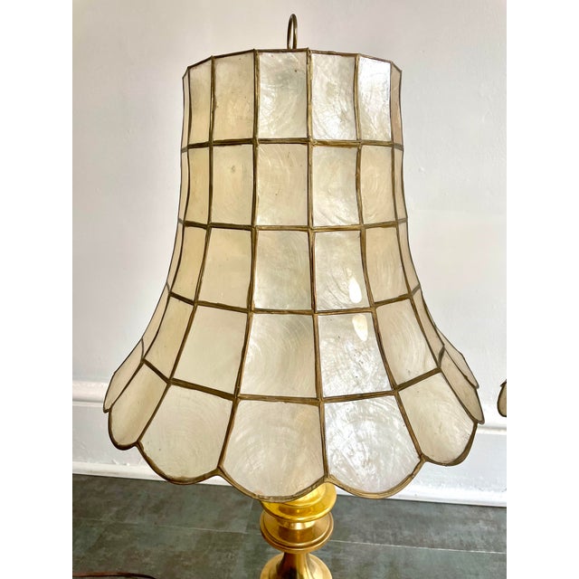 Midcentury Capiz Shell Scalloped Shades on Brass Lamps, a Pair | Chairish