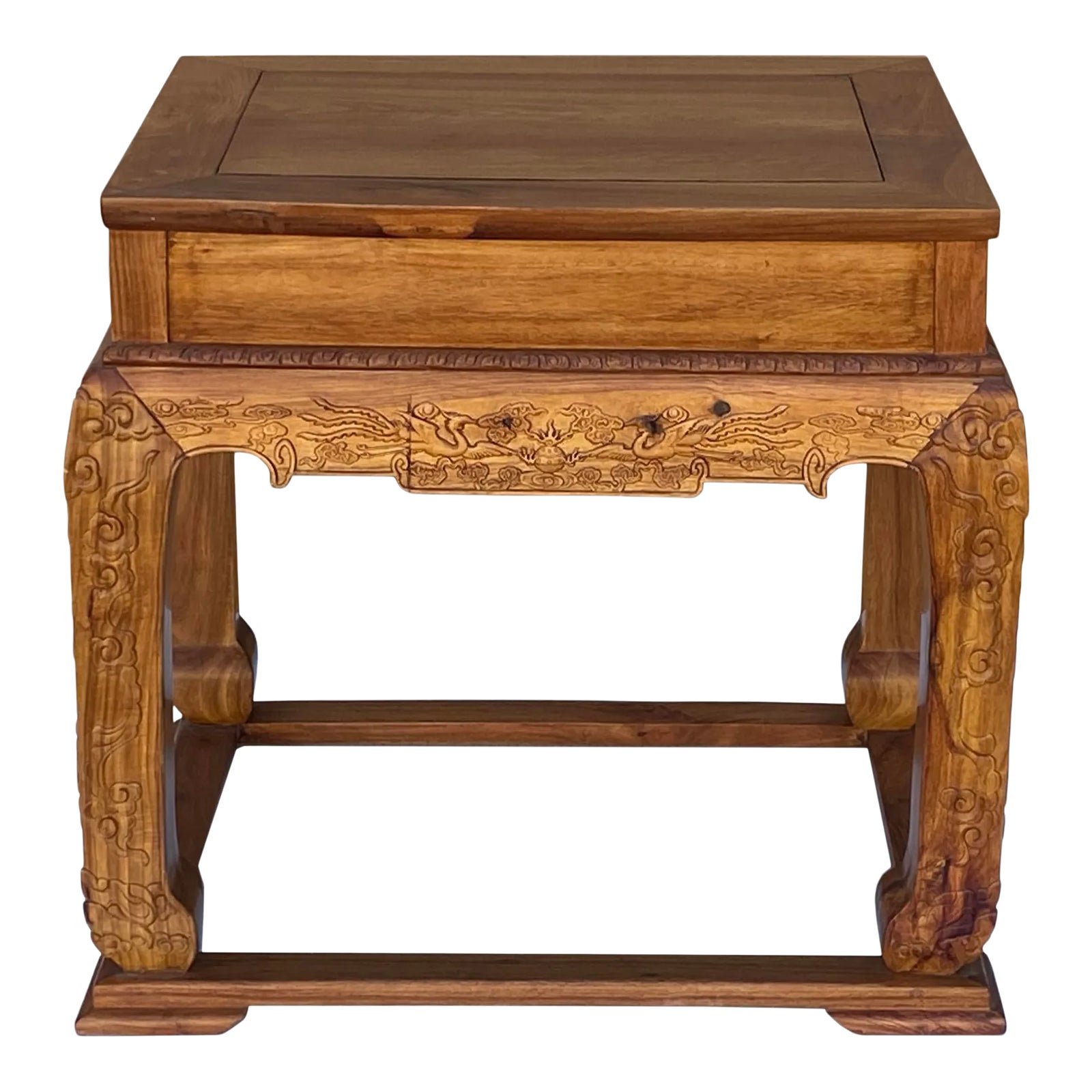 Chinese Oriental Solid Wood Phoenix Flower Motif Tea Side Table | Chairish
