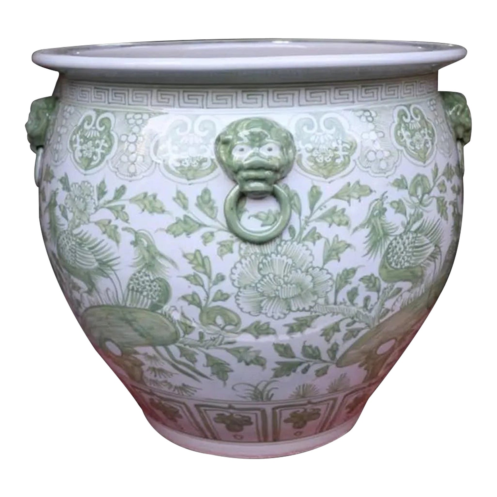 Contemporary Chinese Hand Painted Planter, Green Floral, Fauna, and ...