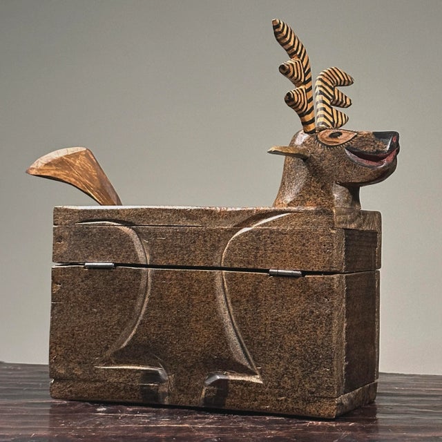 Vintage Hand Carved Polychrome Folk Art Deer Box | Chairish
