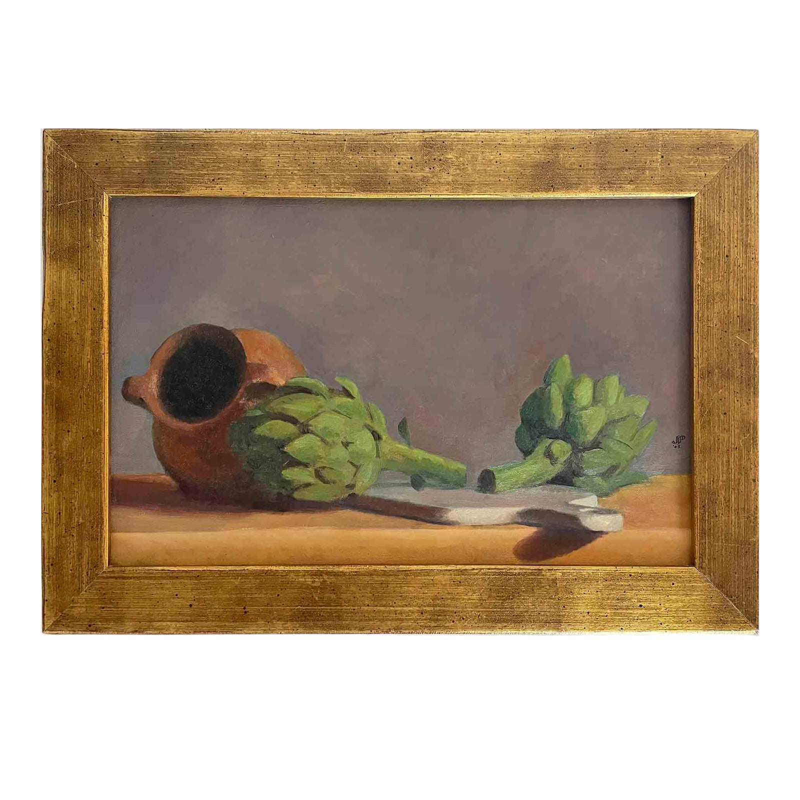 1985 Sill Life Acrylic Painting of Artichokes and a Jug, Framed | Chairish