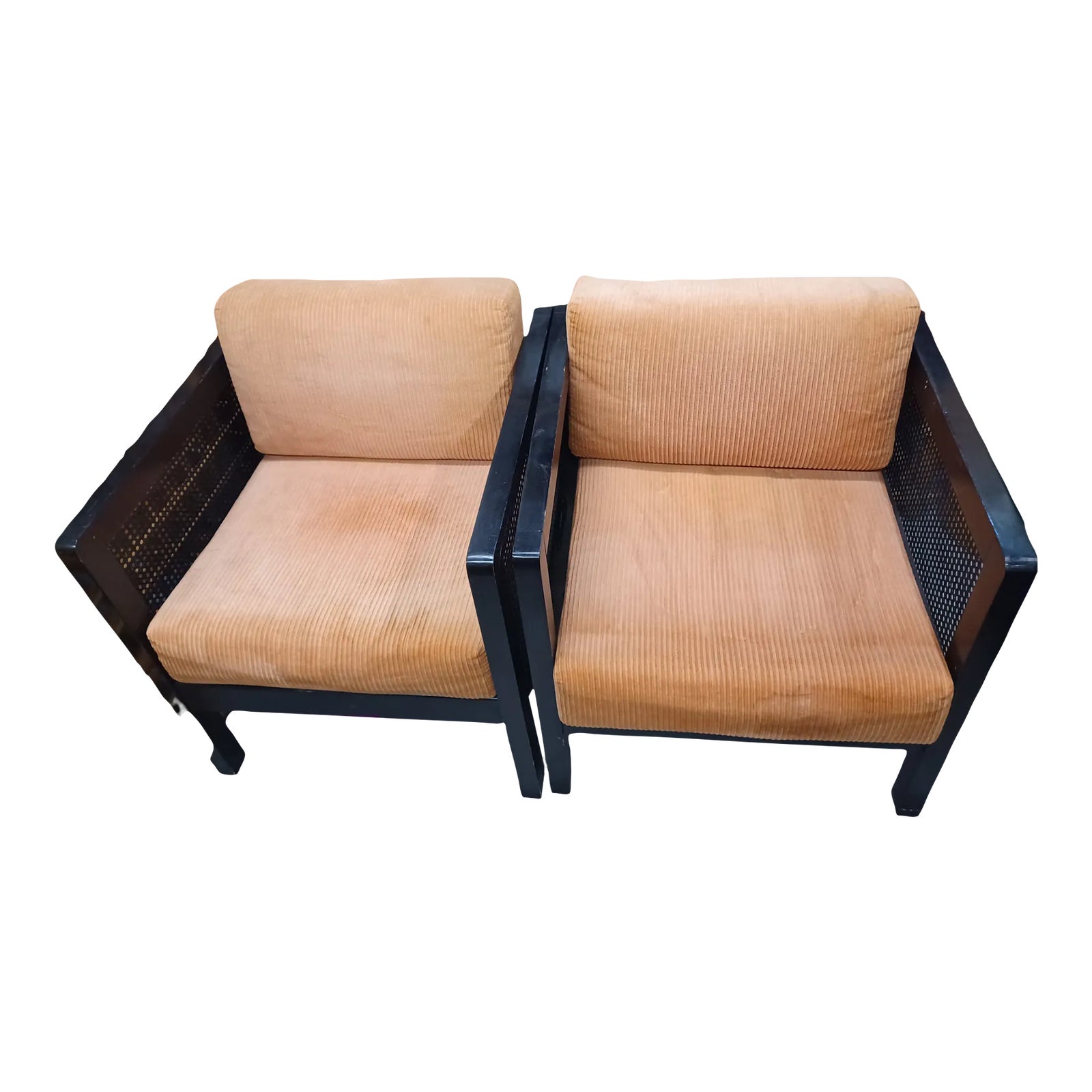 Vintage Pair of Ebonized Cain Club Chairs | Chairish