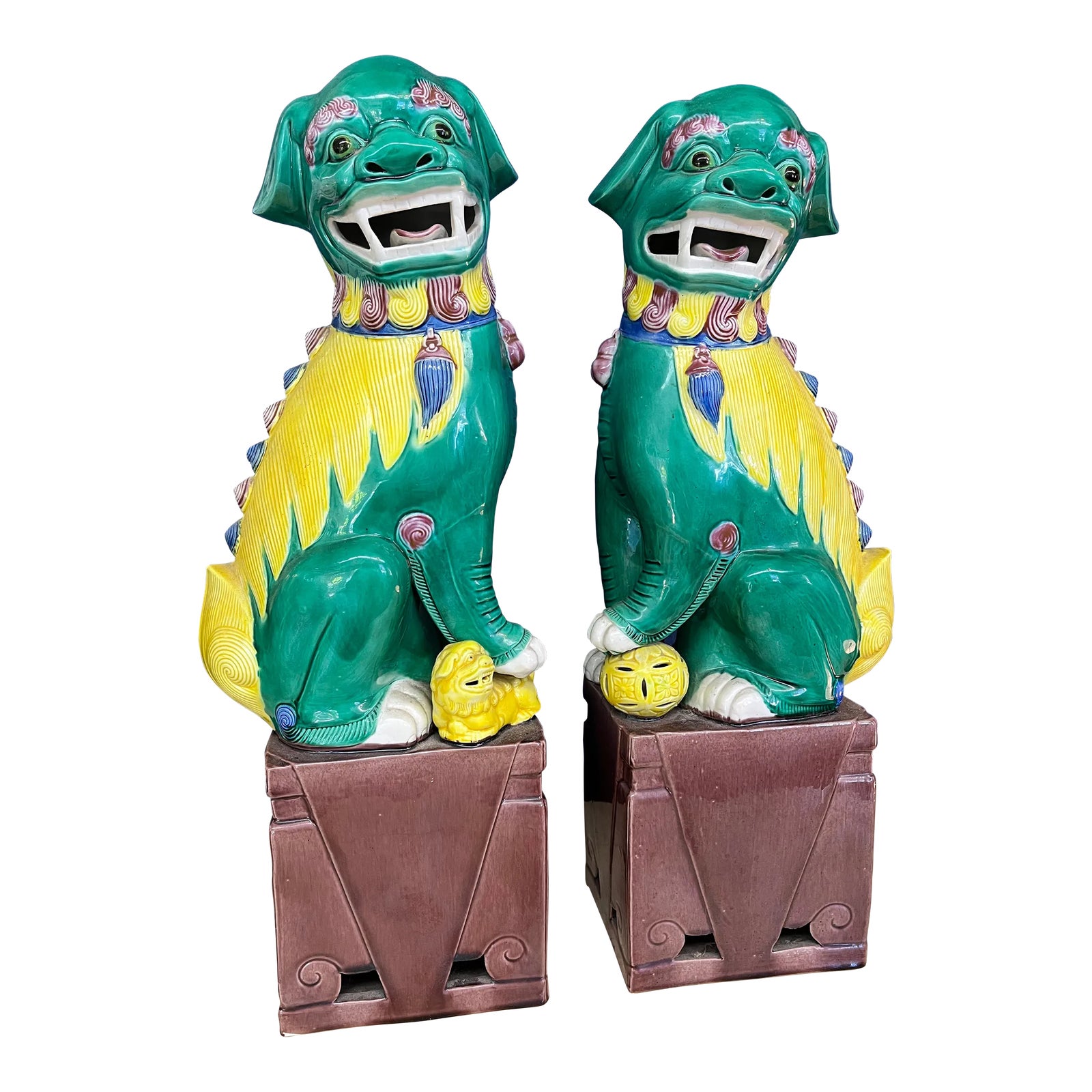 1970s Large Foo Dogs With Colorful Spirits, a Pair | Chairish