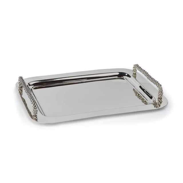 Rectangular Metal Serving Tray with Woven Handles | Chairish