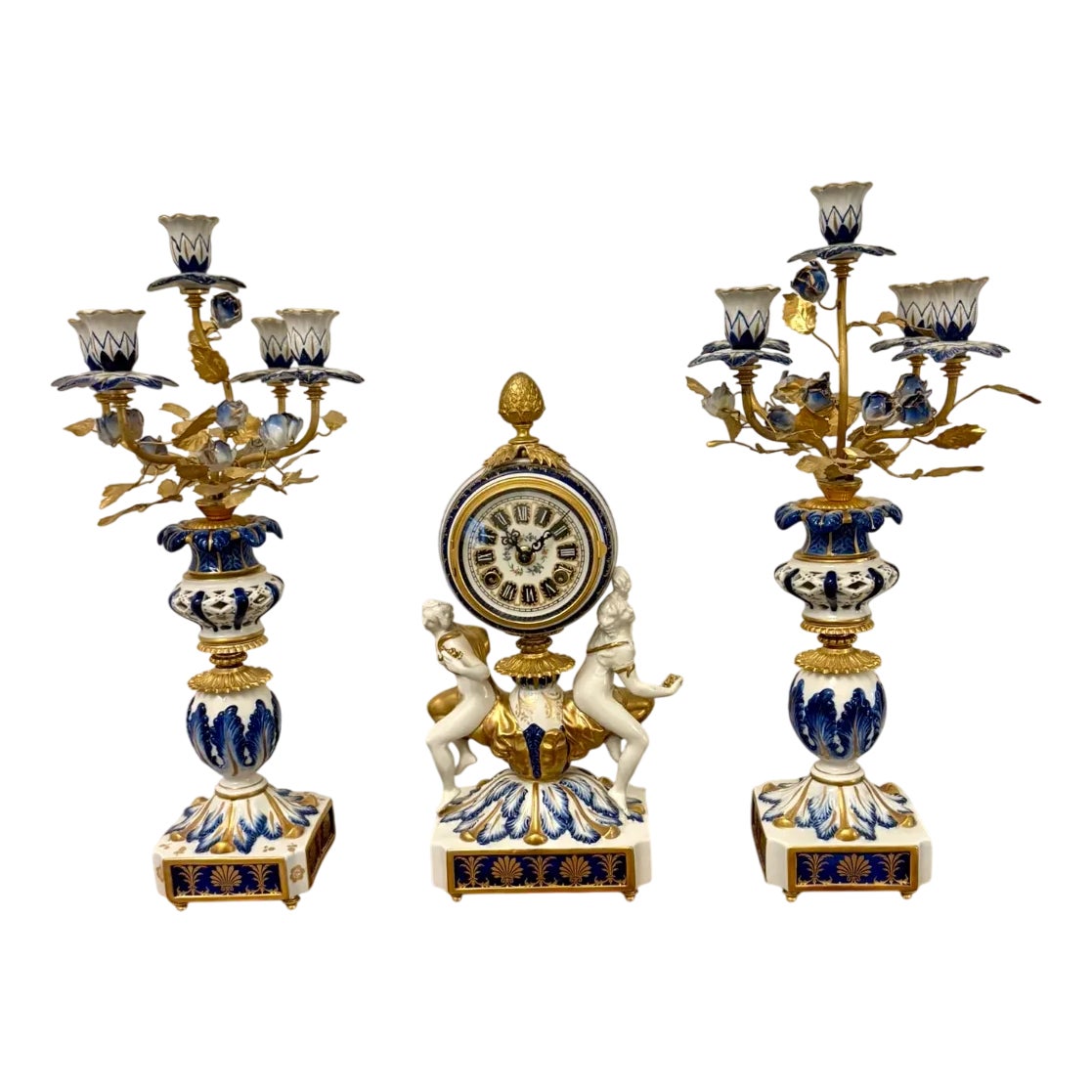 Large Victorian French Porcelain and Gilded Metal Clock Set, 1860s, Set ...