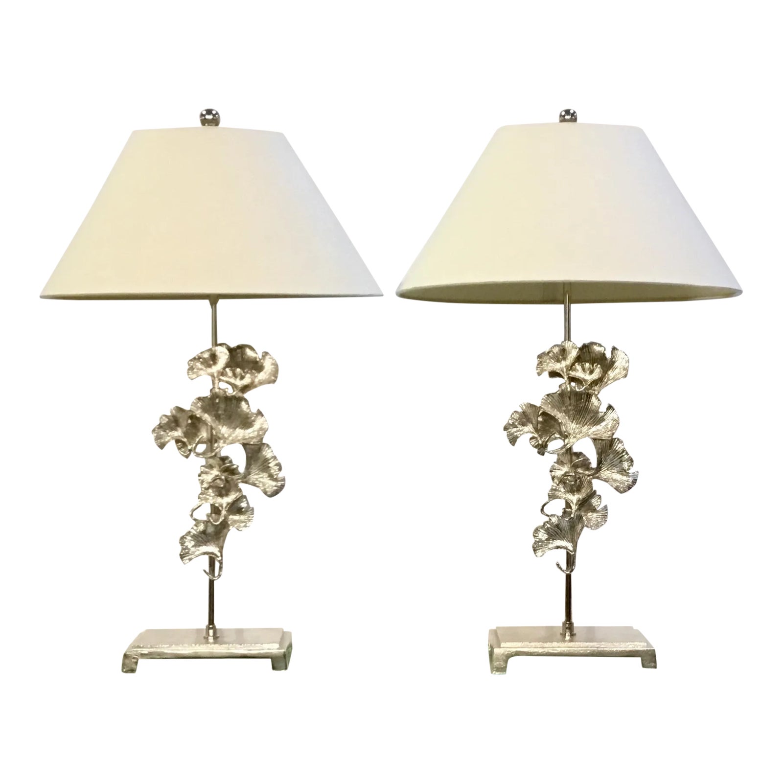 Modern Falling Ginkgos Polished Nickel Table Lamps Pair | Chairish