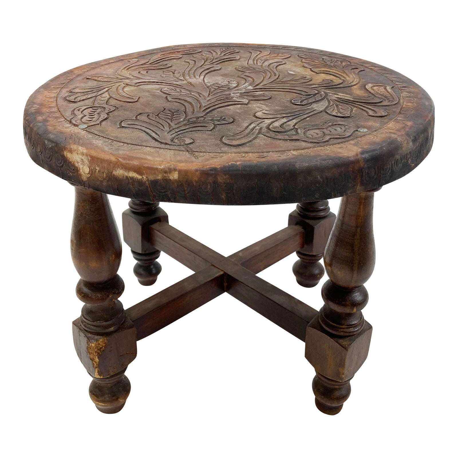 Vintage Tooled Leather Turned Wood Stool | Chairish
