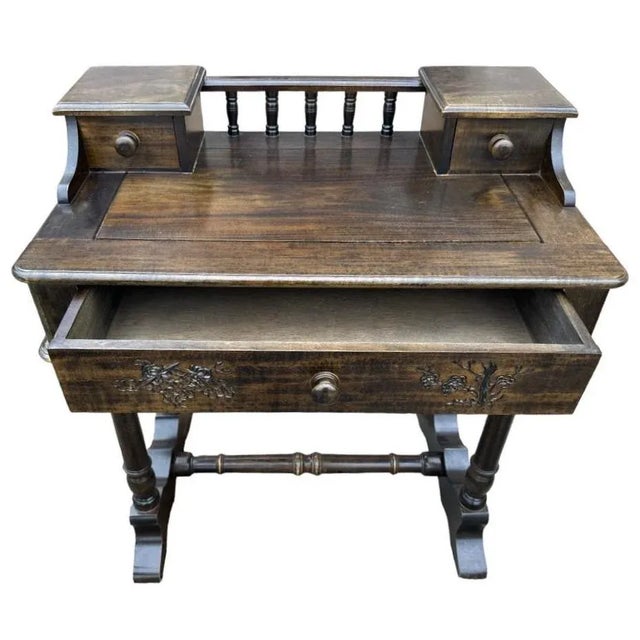 Spanish Style Trestle Base Walnut Writing Desk - Vintage Early 21st ...