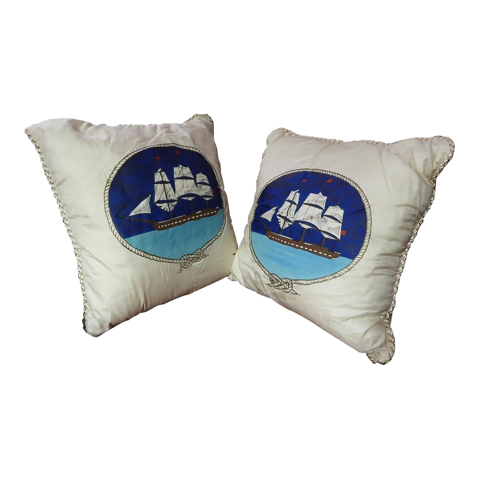 Pair of Maritime Nautical Clipper Ship Yacht Hand Stenciled Silk ...