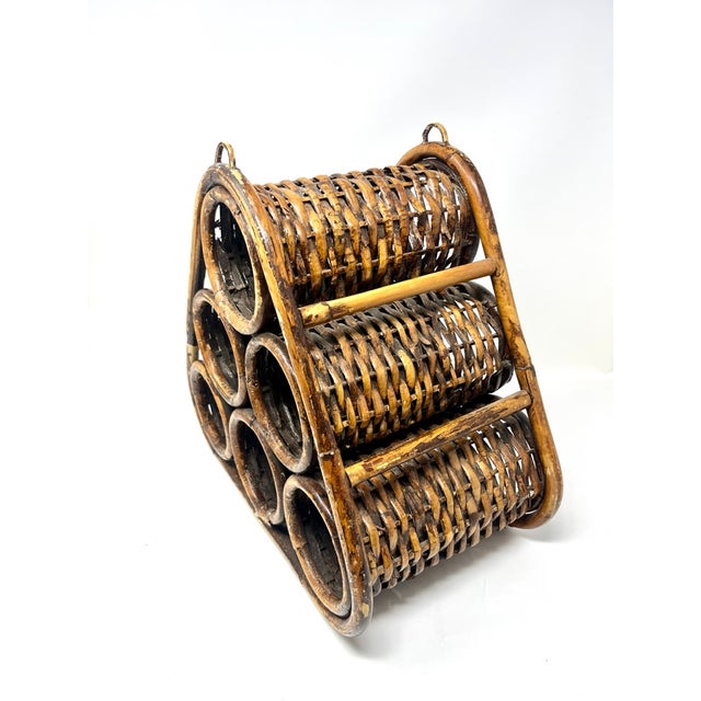Vintage Mid-Century Boho 6 Bottle Rattan Wine Rack | Chairish
