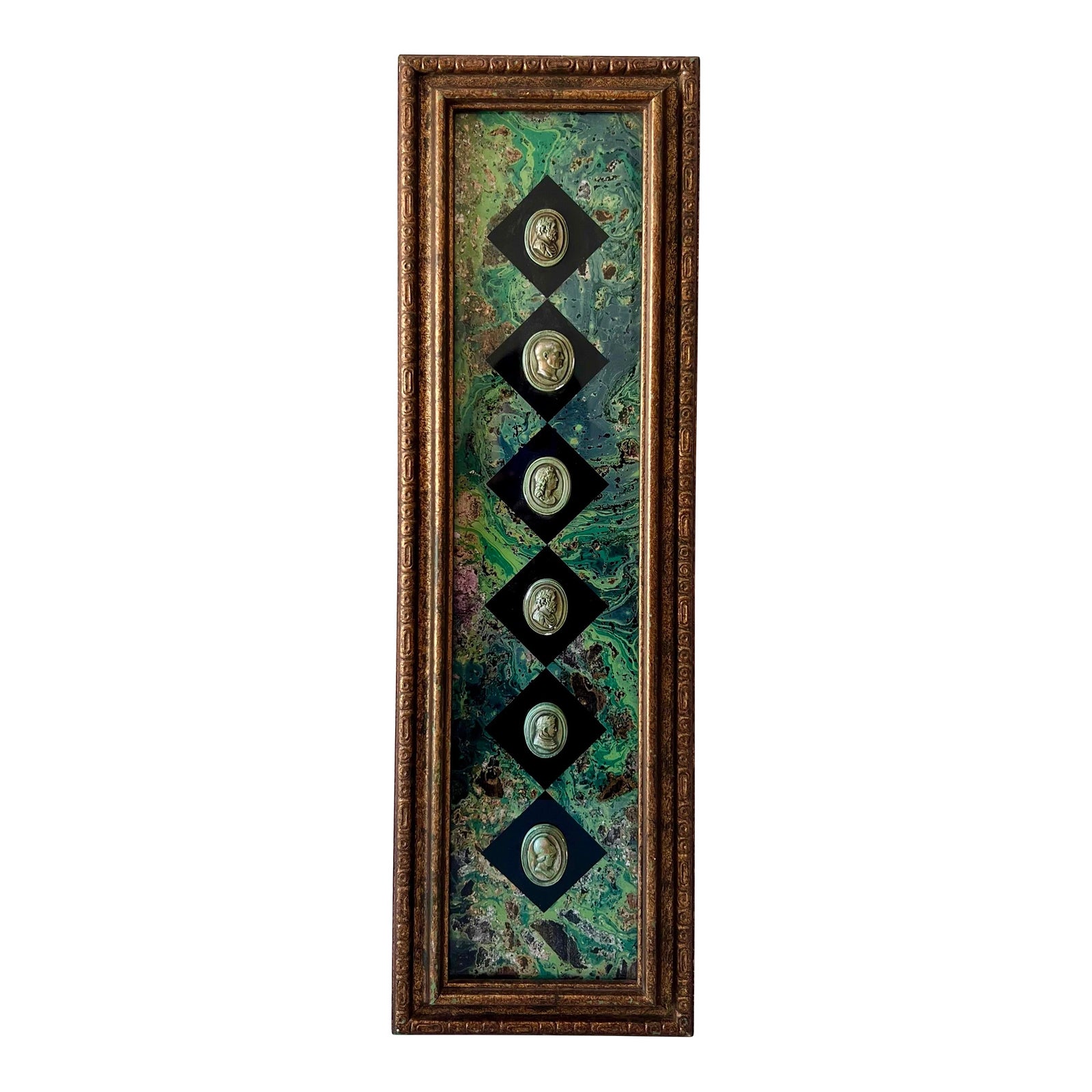 1960s Black Diamond Harlequin and Green Marble Decoupage Framed ...
