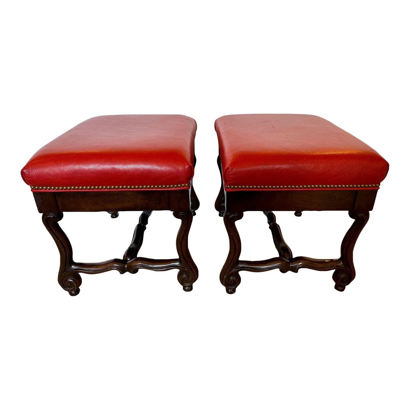 Hancock & Moore Red Leather & Walnut Benches -A Pair | Chairish