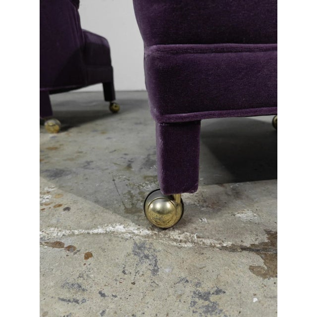 Pair of Upholstered Chairs in Violet Purple Velvet on Brass Rollers ...